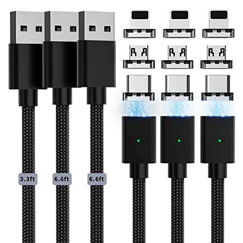 Magnetic Charging Cable 3A Fast Charging(3 Pack,3.3/6.6/6.6ft) 3 in 1 Magnetic Phone Charger Cable with LED Light, Nylon Braided Magnetic Cable, Data Transfer Cord for iProduct/USB-C/Micro-USB Device