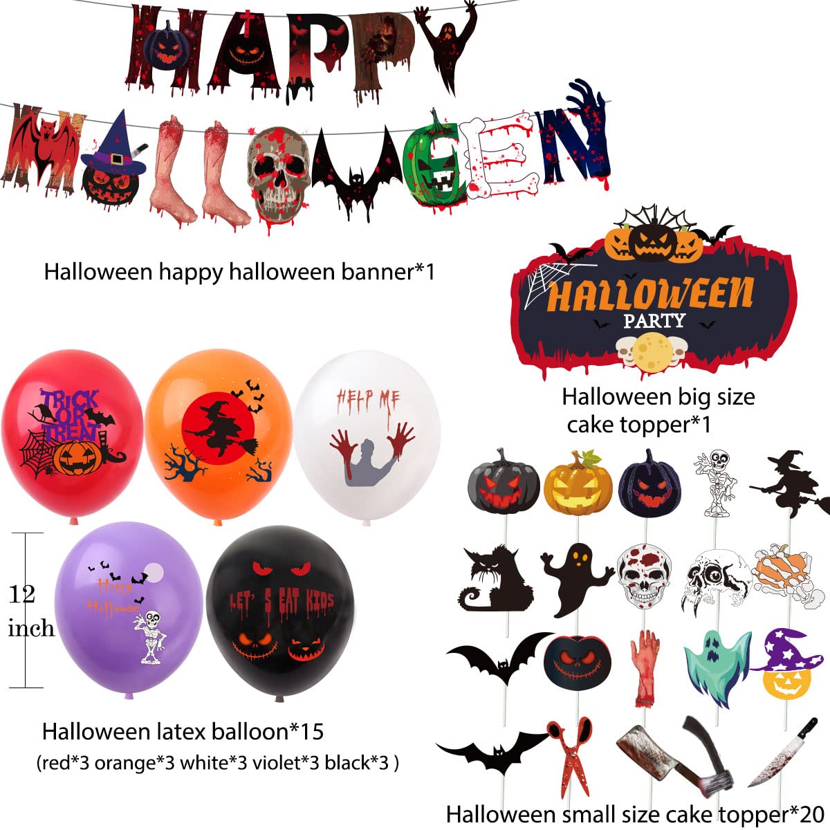 Halloween Balloon Pull Flag Insert Set of 36, 15 Black Orange Purple Halloween Balloon Decorations with Confetti Balloon Skeleton Bat Ghost Pull Flag, Halloween Theme Birthday Party Supplies
