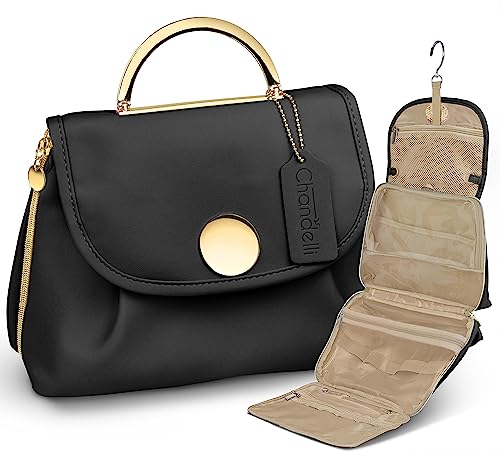 Chandelli Travel Toiletry Bag for Women with 4 Inner Pockets, Gold Accents & Hook, Waterproof, Black, Medium