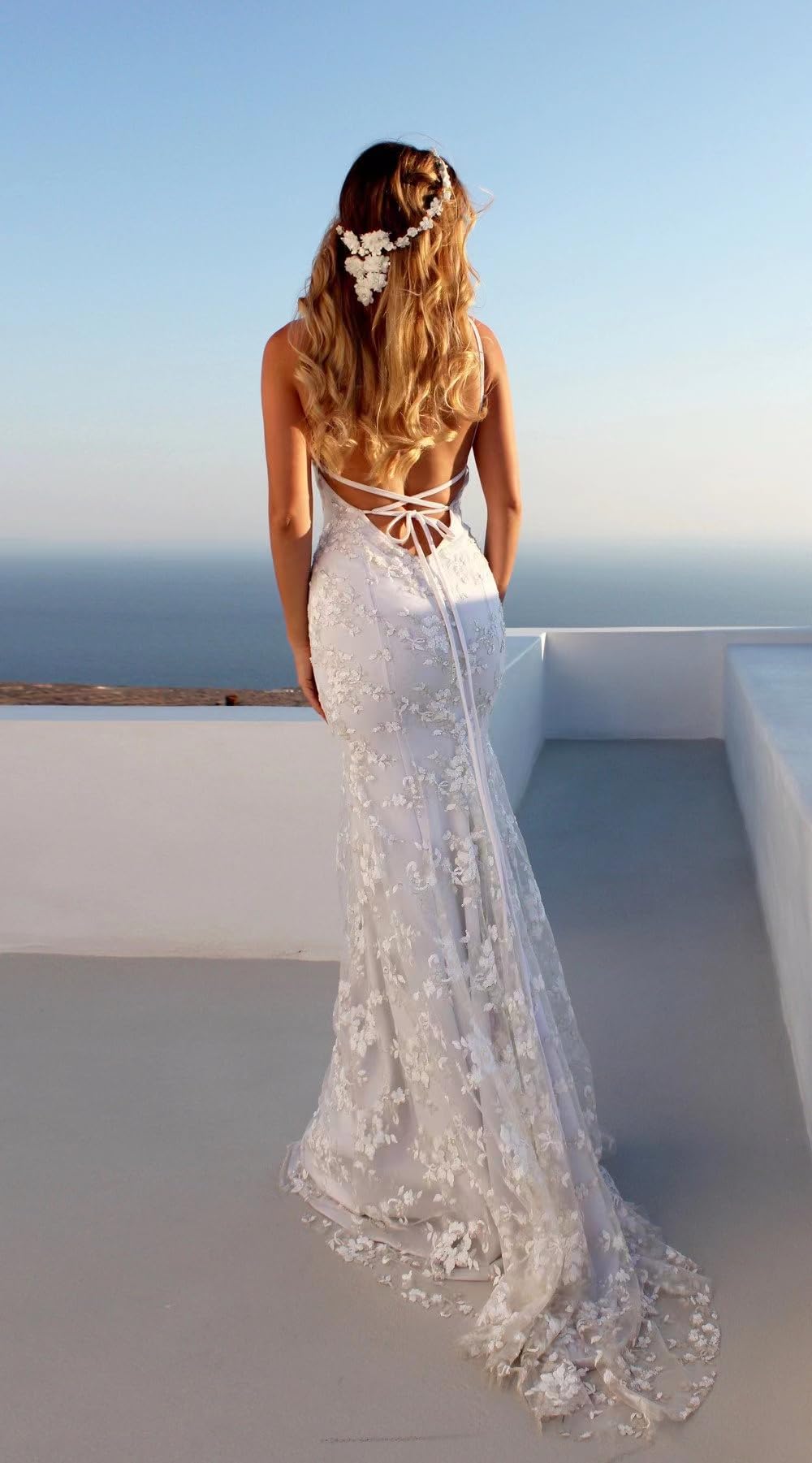 Pefantal Lace Applique Wedding Dresses for Bride Sleeveless Spaghetti Straps Mermaid V Neck Open Back Bodycon Long Bridal Gown (US, Numeric, 6, Regular, Regular, White)