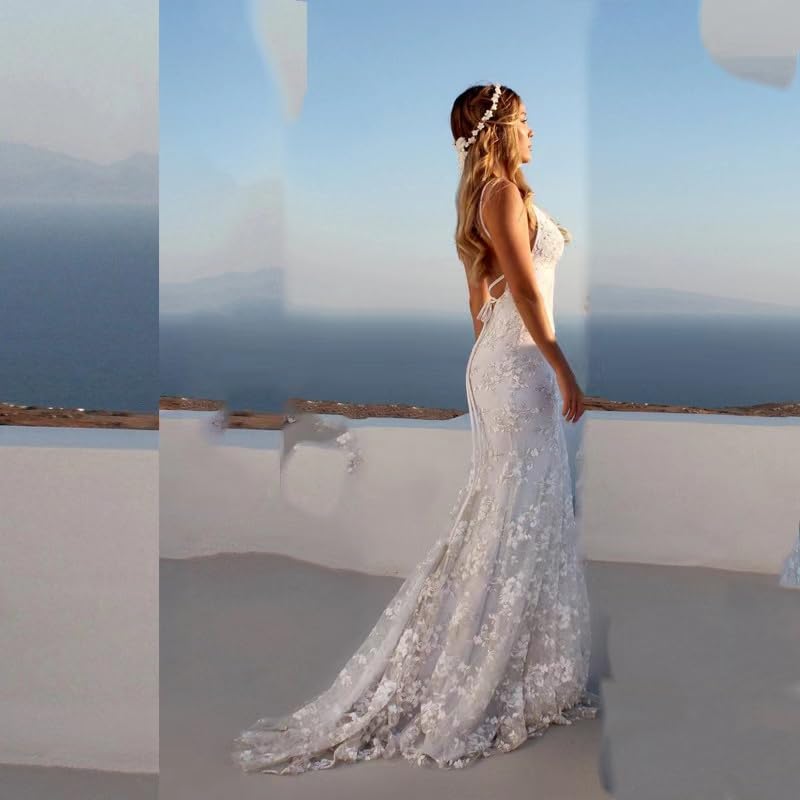 Pefantal Lace Applique Wedding Dresses for Bride Sleeveless Spaghetti Straps Mermaid V Neck Open Back Bodycon Long Bridal Gown (US, Numeric, 6, Regular, Regular, White)