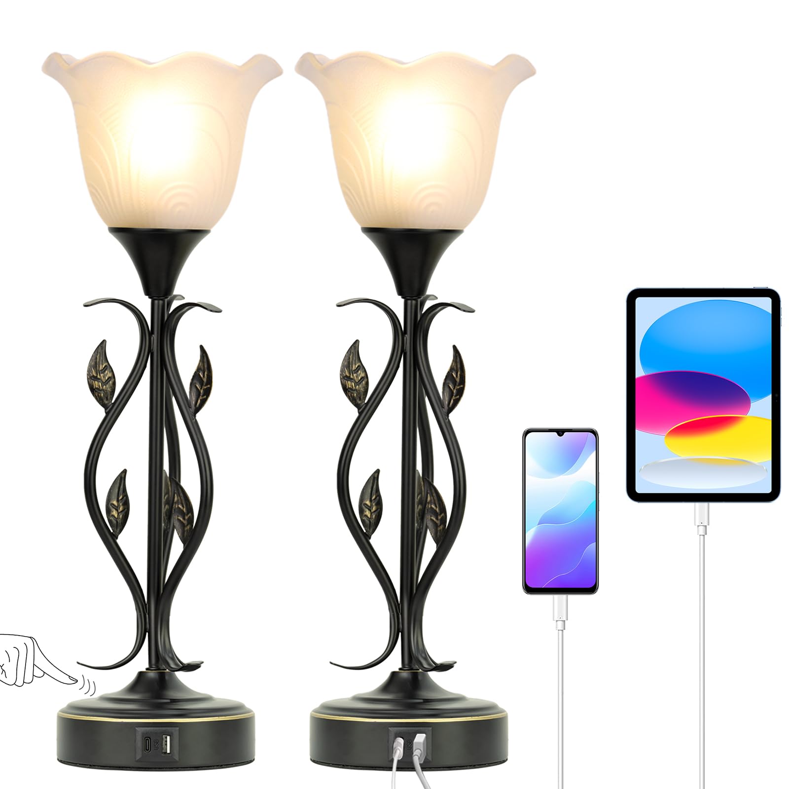 Bedside Lamps, Table Lamp with USB Port 3 Way Dimmable Touch lamp Torchiere Nightstand Lamps with Rustic Vines Leaf and Glass Flower Shade lamp for Bedroom, Living Room, Office