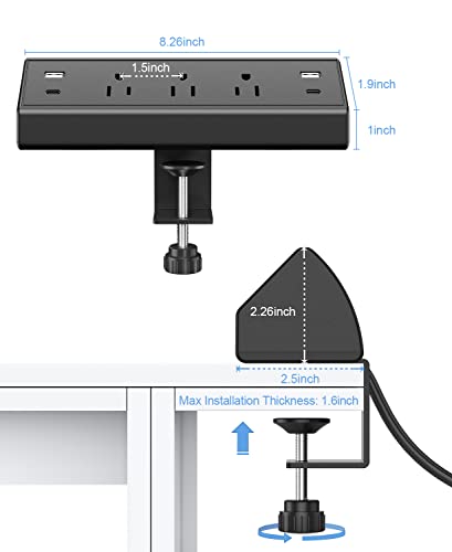 Desk Clamp Power Strip USB C,Desktop Mount Surge Protector,40W Fast Charging Station,2 PD 20W USB C Ports,3 Outlets,6FT Flat Plug,Desk Edge Power Strip for Home,Office,Fit 1.6" Tabletop Edge