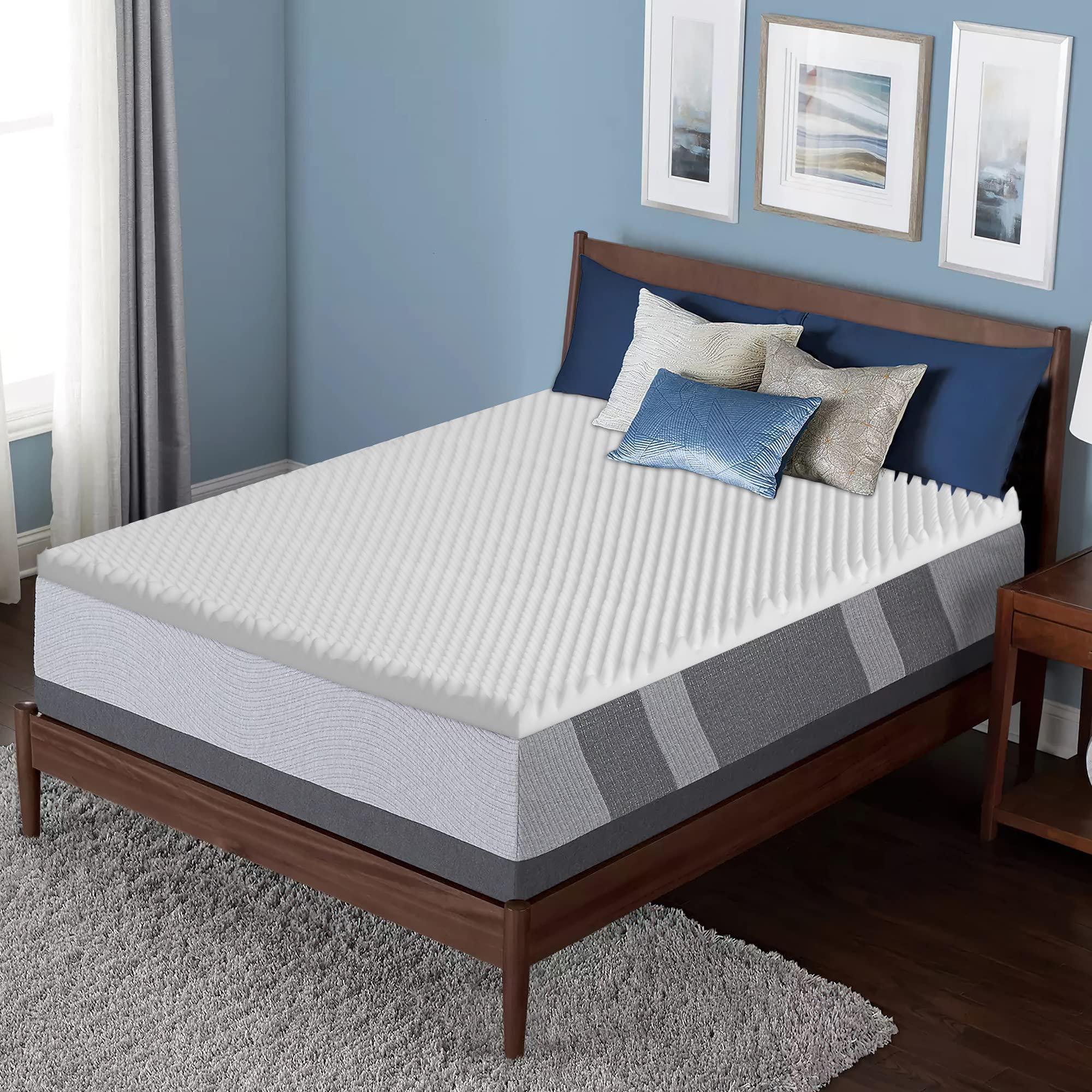 Nutan, 2-Inch Convoluted High Density Foam Mattress Topper, CertiPUR-US Certified for Superior Comfort and Support, Full, White