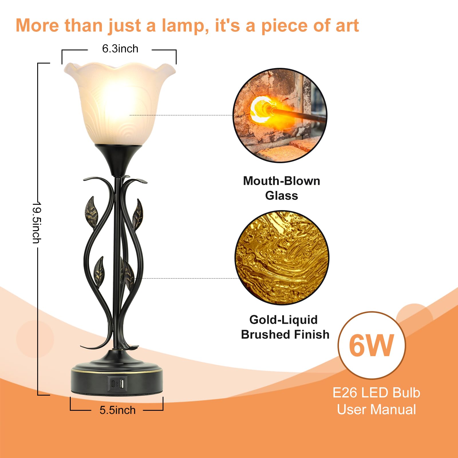 Bedside Lamps, Table Lamp with USB Port 3 Way Dimmable Touch lamp Torchiere Nightstand Lamps with Rustic Vines Leaf and Glass Flower Shade lamp for Bedroom, Living Room, Office