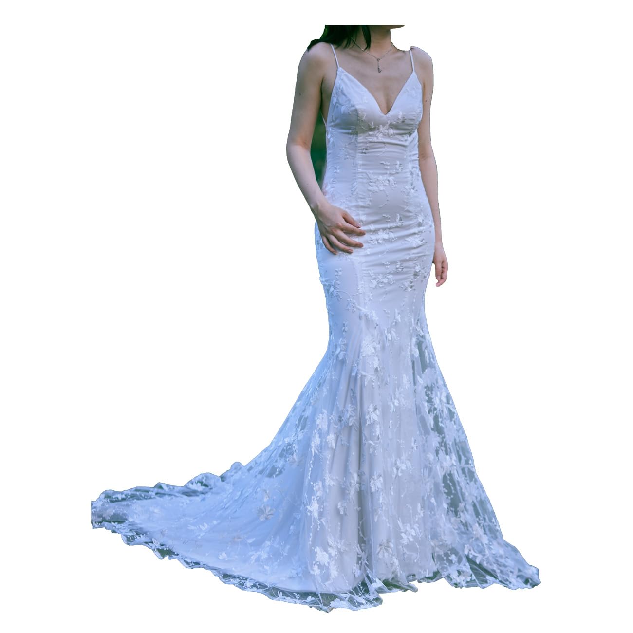 Pefantal Lace Applique Wedding Dresses for Bride Sleeveless Spaghetti Straps Mermaid V Neck Open Back Bodycon Long Bridal Gown (US, Numeric, 6, Regular, Regular, White)