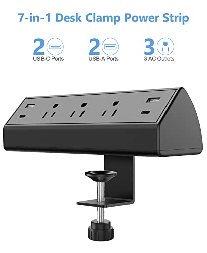 Desk Clamp Power Strip USB C,Desktop Mount Surge Protector,40W Fast Charging Station,2 PD 20W USB C Ports,3 Outlets,6FT Flat Plug,Desk Edge Power Strip for Home,Office,Fit 1.6" Tabletop Edge