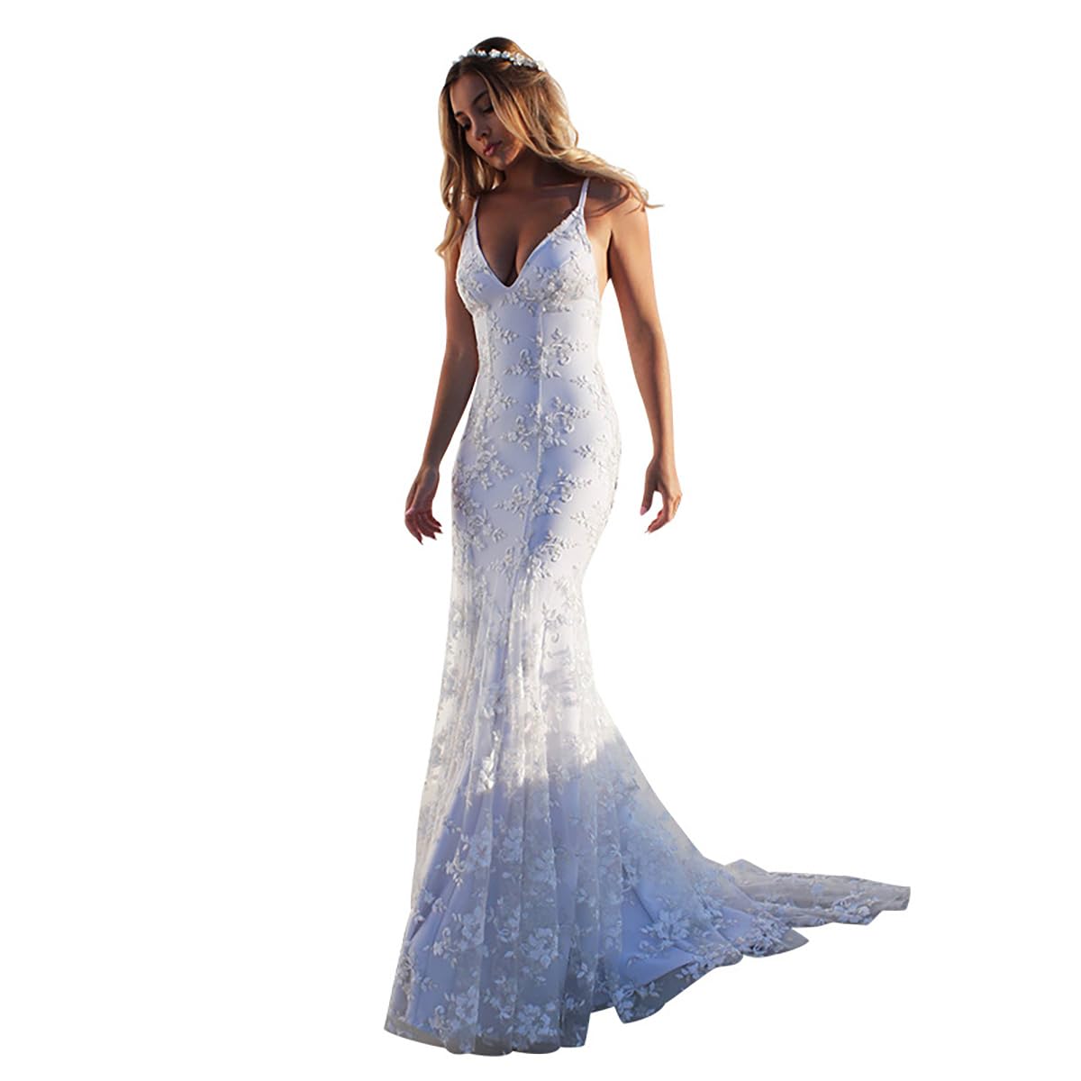 Pefantal Lace Applique Wedding Dresses for Bride Sleeveless Spaghetti Straps Mermaid V Neck Open Back Bodycon Long Bridal Gown (US, Numeric, 6, Regular, Regular, White)