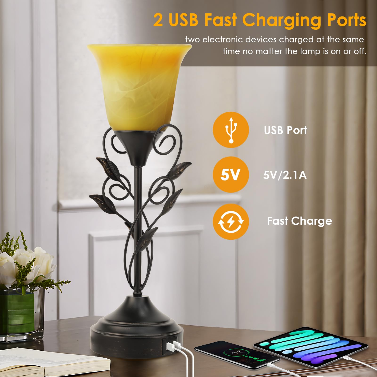 Bedside Lamps, Table Lamp with USB Port 3 Way Dimmable Touch lamp Torchiere Nightstand Lamps with Rustic Vines Leaf and Glass Flower Shade lamp for Bedroom, Living Room, Office
