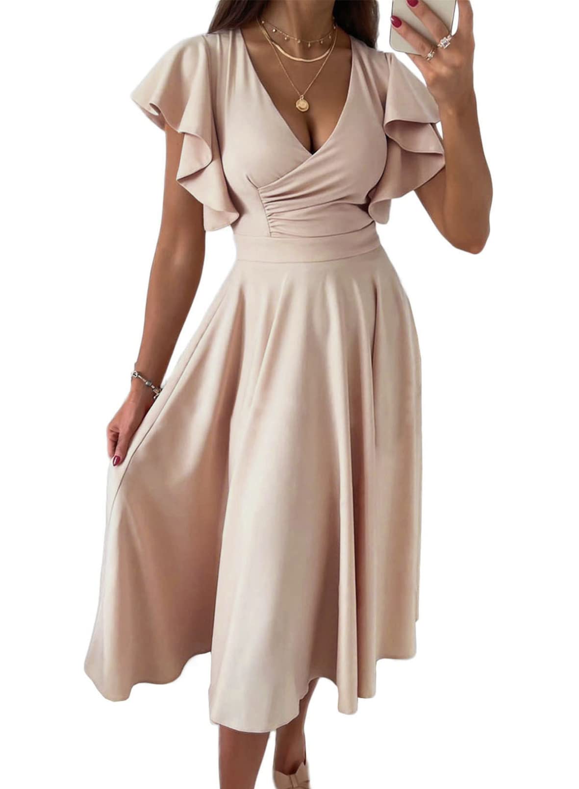 Dokotoo Women's Formal Dresses Midi V-Neck Floral Fashion 2024 Party Wedding Guest Dress Valentines Dress for Women Apricot L