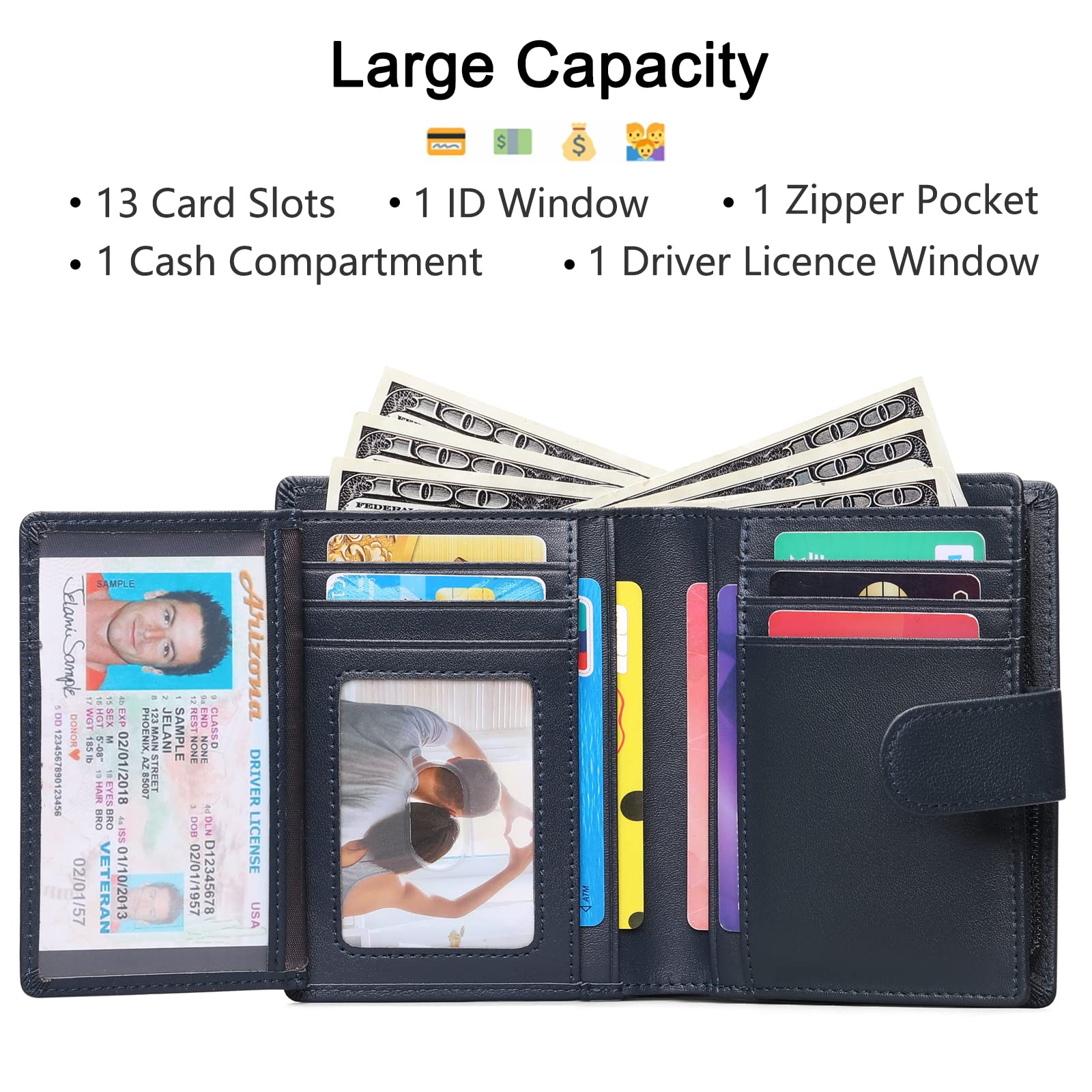 SENDEFN Men's Wallet Genuine Leather Wallets for Men RFID Blocking Card Holder with Zipper Coin Purse