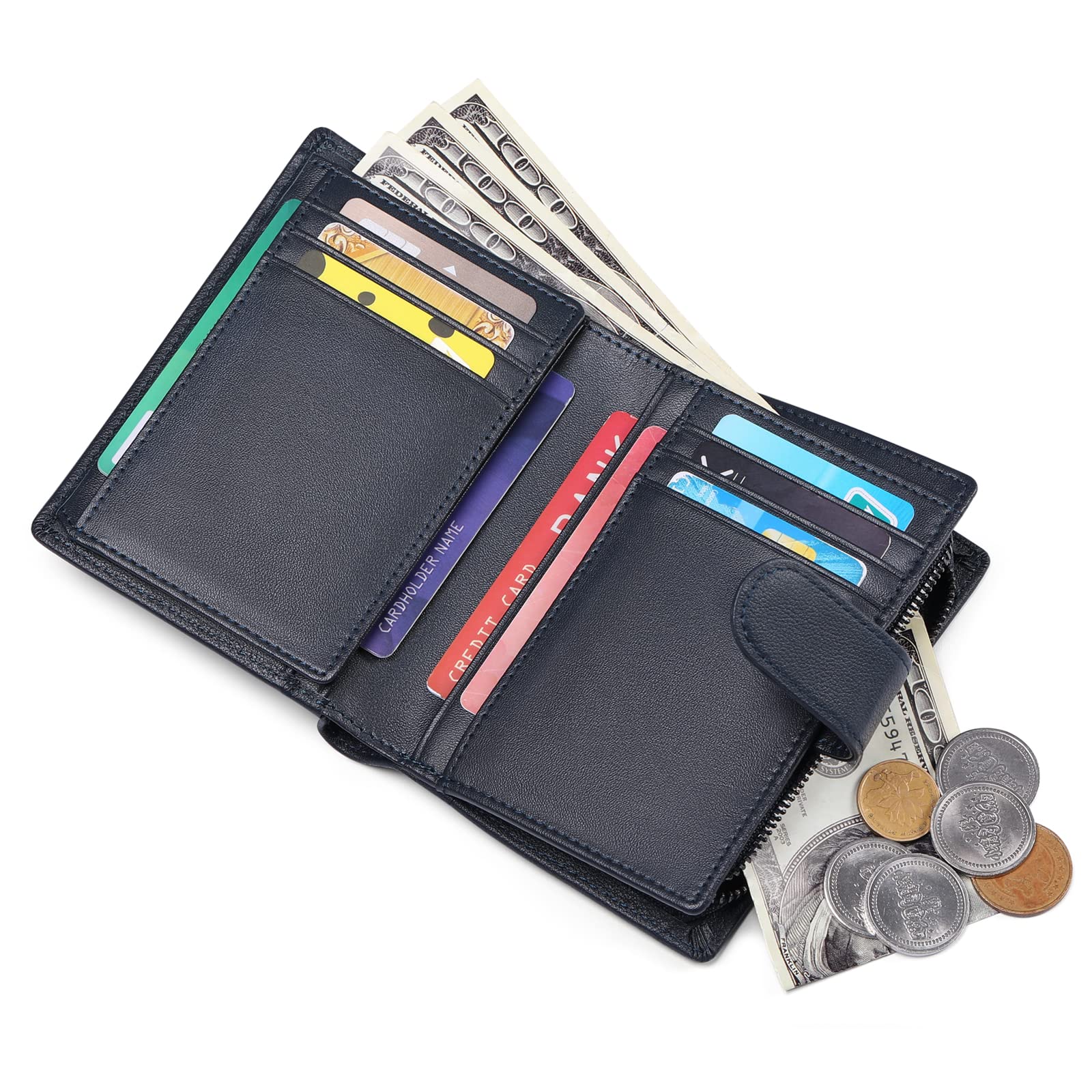 SENDEFN Men's Wallet Genuine Leather Wallets for Men RFID Blocking Card Holder with Zipper Coin Purse