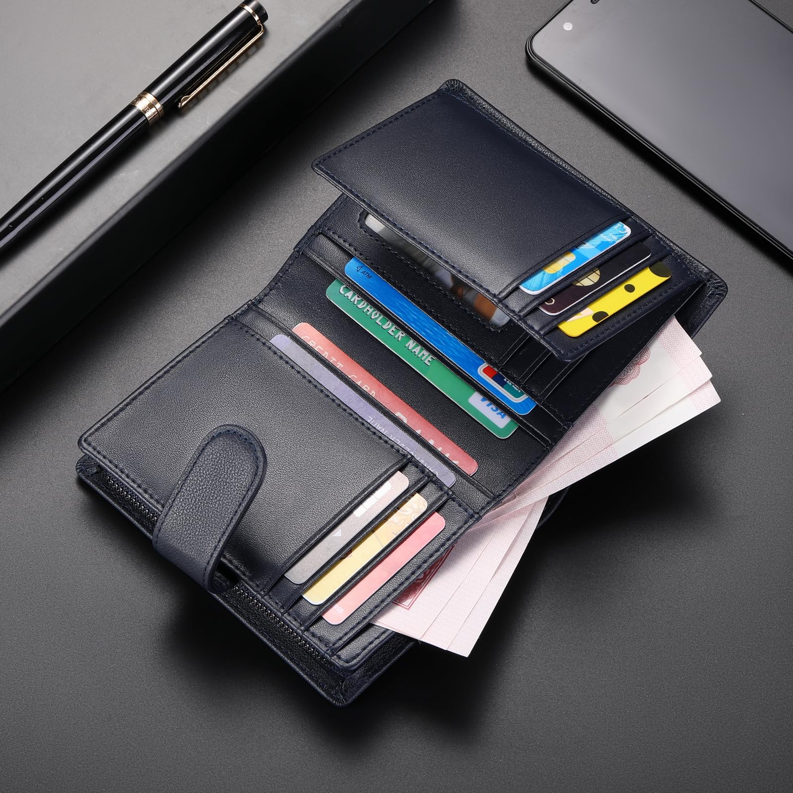 SENDEFN Men's Wallet Genuine Leather Wallets for Men RFID Blocking Card Holder with Zipper Coin Purse