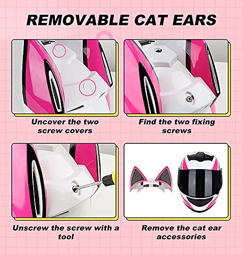 Cat Ear Bluetooth Motorcycle Helmet, DOT Certification Full Face Flip-Up Motorbike Helmet, Cool Cute Cat Helmets with HD Visor and Ventilation Syste, for Adults Men Women S~XL