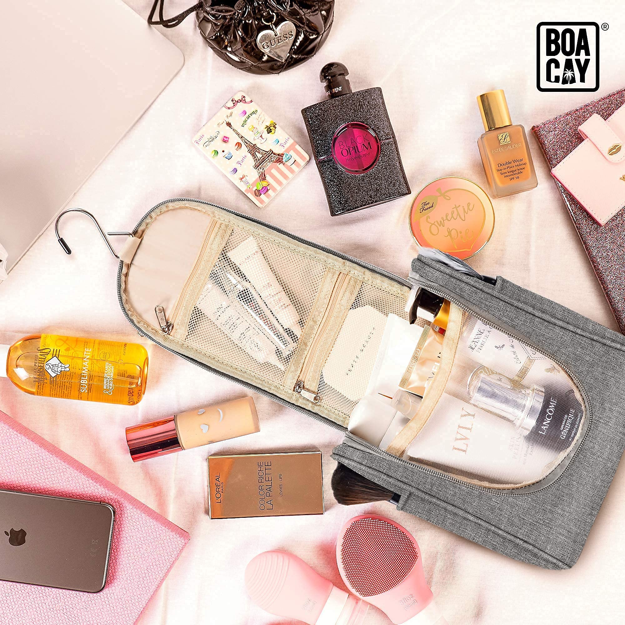 BOACAY Small Hanging Travel Toiletry Bag for Women and Men, Makeup Bag, Bathroom & Shower Organizer Kit for Accessories, Cosmetics, Travel Essentials