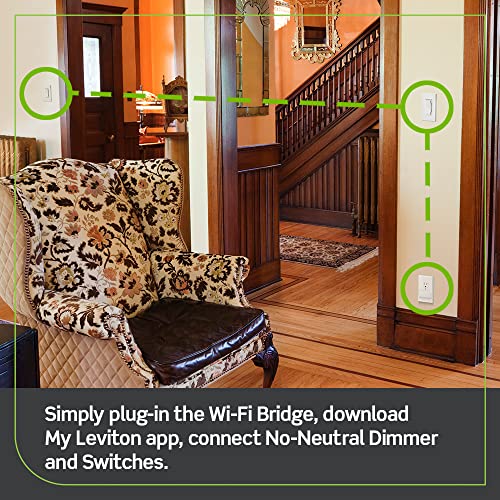 Leviton DN15S-2RW Decora Smart No-Neutral 15A Switch, Requires MLWSB Wi-Fi Bridge to Work, Alexa, Hey Google, HomeKit/Siri, White