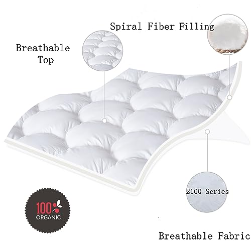 JURLYNE Mattress Pad Full XL Size, Quilted Fitted Mattress Cover, Pillow Top with Fluffy Breathable 5D & 7D Spiral Fiber Filling, Cooling Mattress Topper Cover, Protector, White