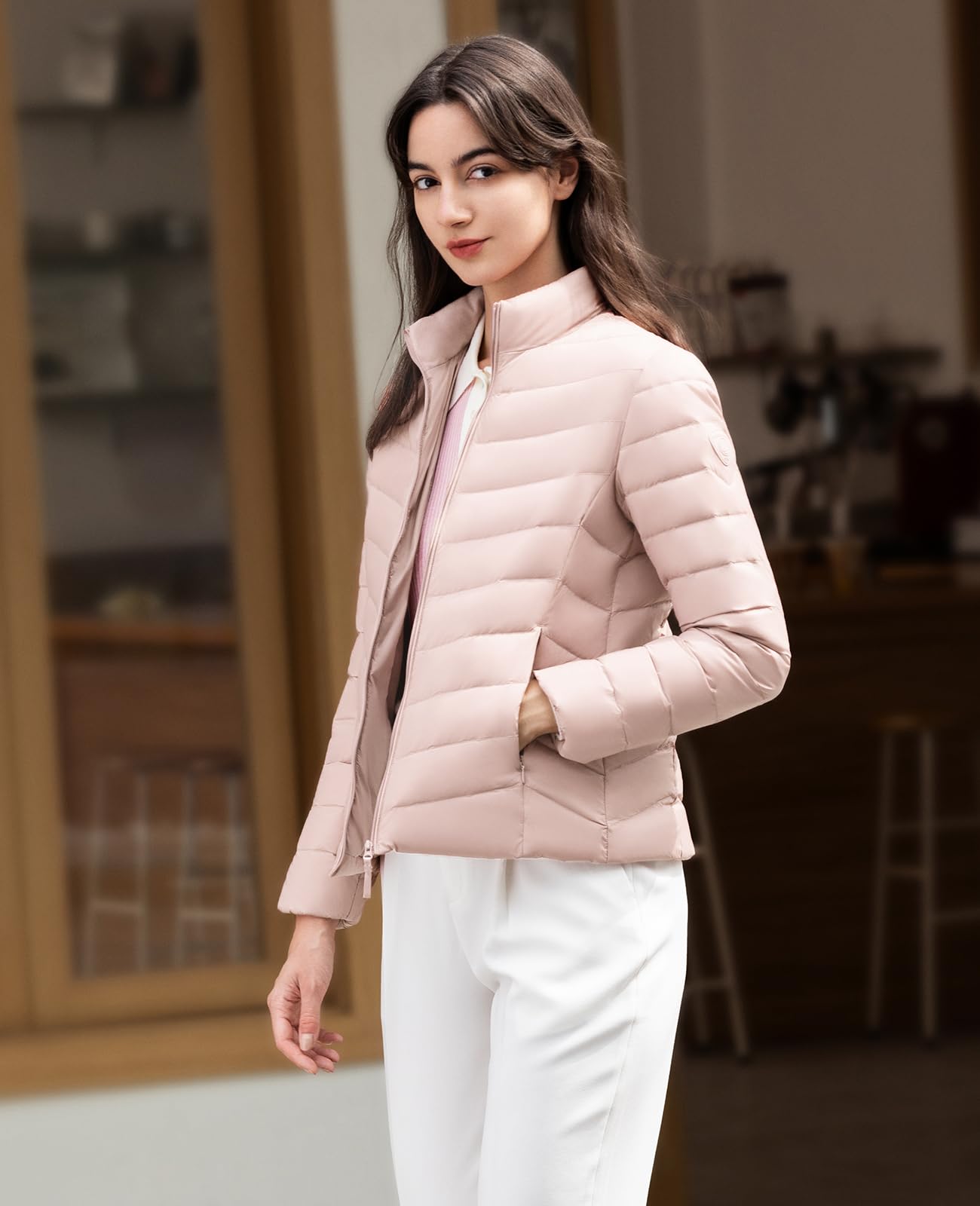 BOSIDENG Lightweight Women's Down Jacket Portable Water-Resistant Puffer Jacket Fall Coat with Stand Collar for Travel(Light Pink,XXL)