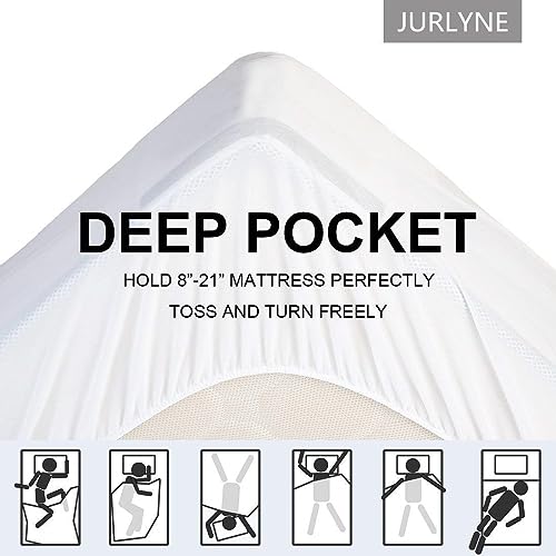 JURLYNE Mattress Pad Full XL Size, Quilted Fitted Mattress Cover, Pillow Top with Fluffy Breathable 5D & 7D Spiral Fiber Filling, Cooling Mattress Topper Cover, Protector, White