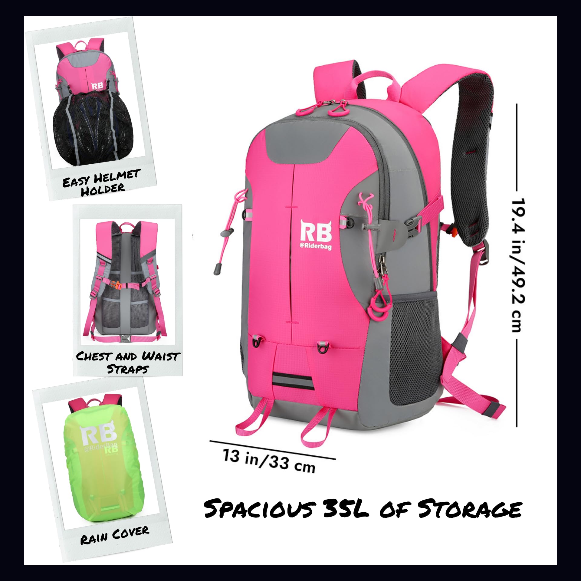 riderbag Reflective Motorcycle Backpack 35L, Lightweight Water-Resistant Daypack with Laptop Pocket for Commuting, Biking, and Daily Use β Pink