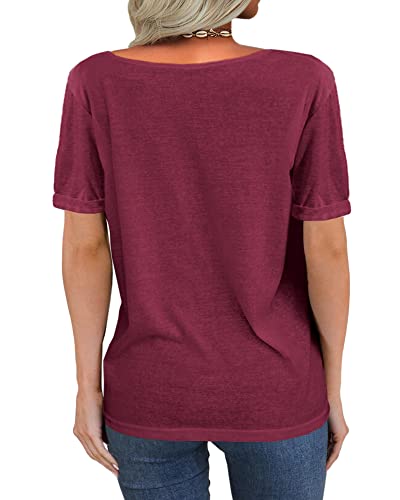 Danedvi Women Fashion Deep V-Neck Short Sleeve Tops Solid Casual Loose Basic T Shirt Fuchsia