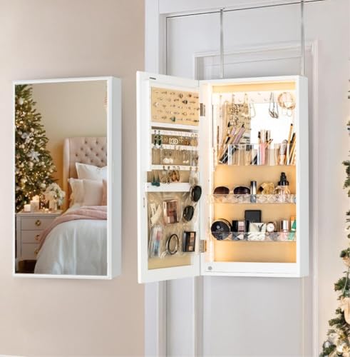 LUXFURNI LED Jewelry Organizer with Mirror, Small Jewelry Cabinet Wall-Mount/Door-Hanging Armoire,Lightweight Jewelry Storage for Bedroom