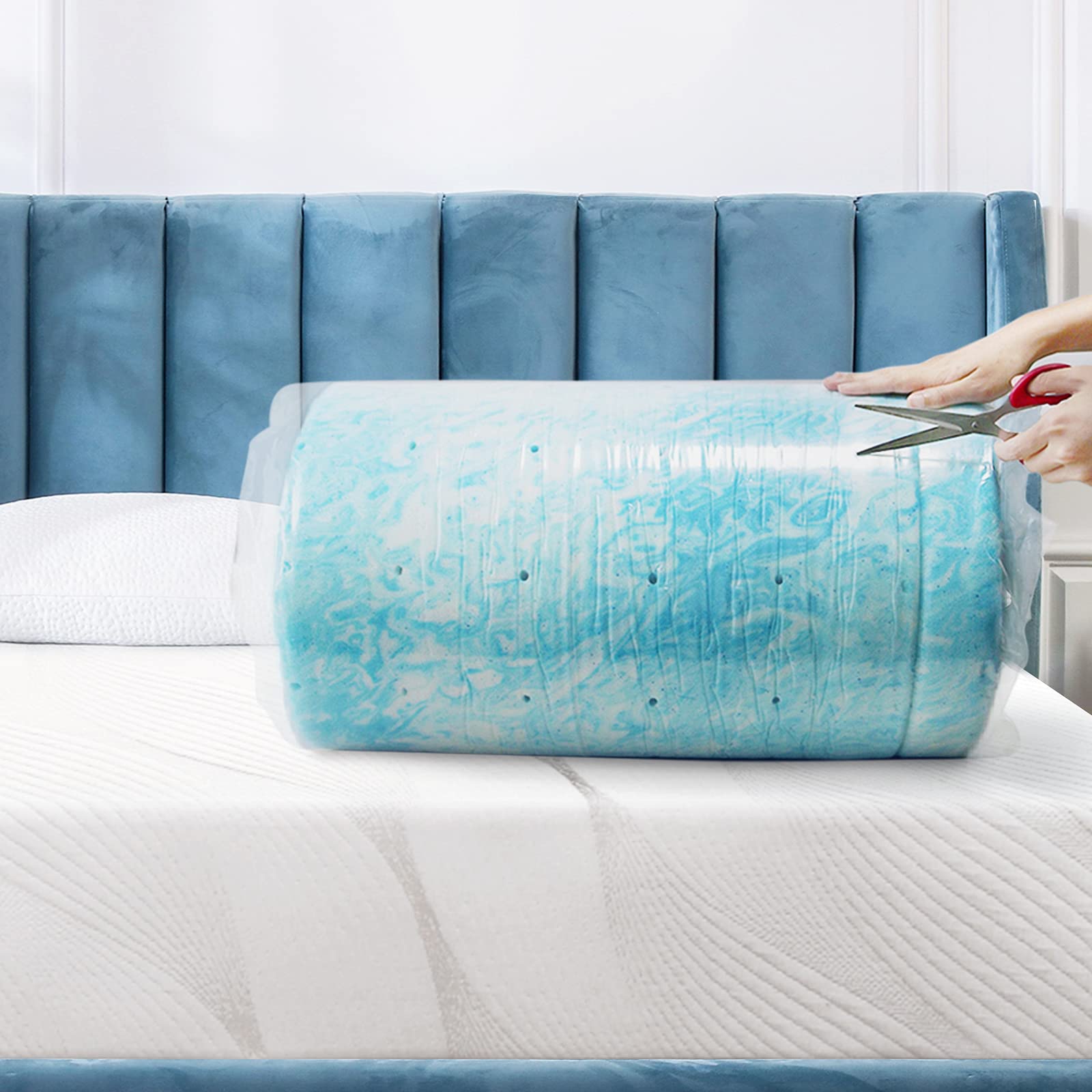 Mattress Topper for Full Bed, Gel Swirl Memory Foam Soft Bed Topper for Back Pain, 3 inch, Light Blue