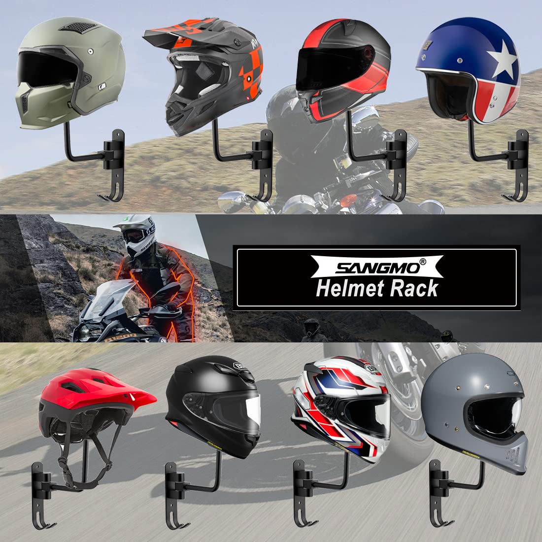 SANGMO 180° Motorcycle Helmet Rack, Rotation Metal Helmet Holder Wall Mounted Helmet Rack Motorcycle with 2 Hooks Helmet Hanger for Motorcycle Bike Coats, Caps, Baseballs and Rugby Helmet (2 Pack)