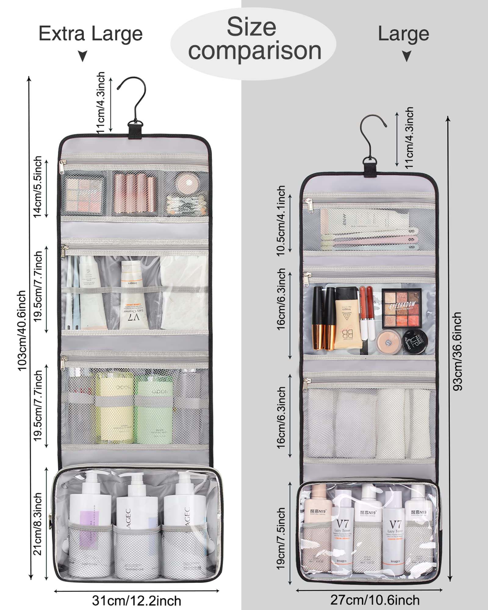 Relavel Travel Toiletry Bag for Men, Hanging Toiletry Bag for Women Makeup Cosmetic Storage Organizer Large Capacity Travel Kit Shaving Bag for Full Sized Container Black