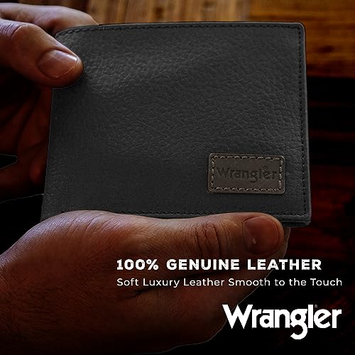 Wrangler Men’s Bifold Wallet Slim Genuine Leather Casual Everyday Minimalist Cash and Card Holder (Black)