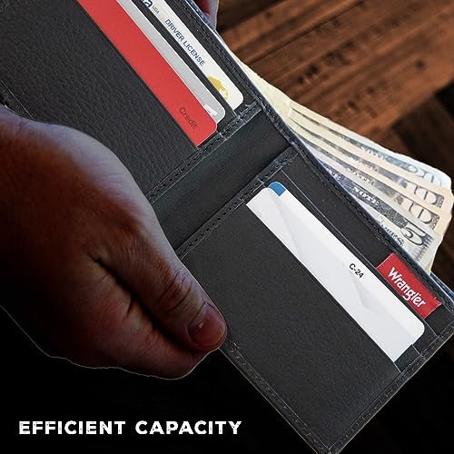 Wrangler Men’s Bifold Wallet Slim Genuine Leather Casual Everyday Minimalist Cash and Card Holder (Black)