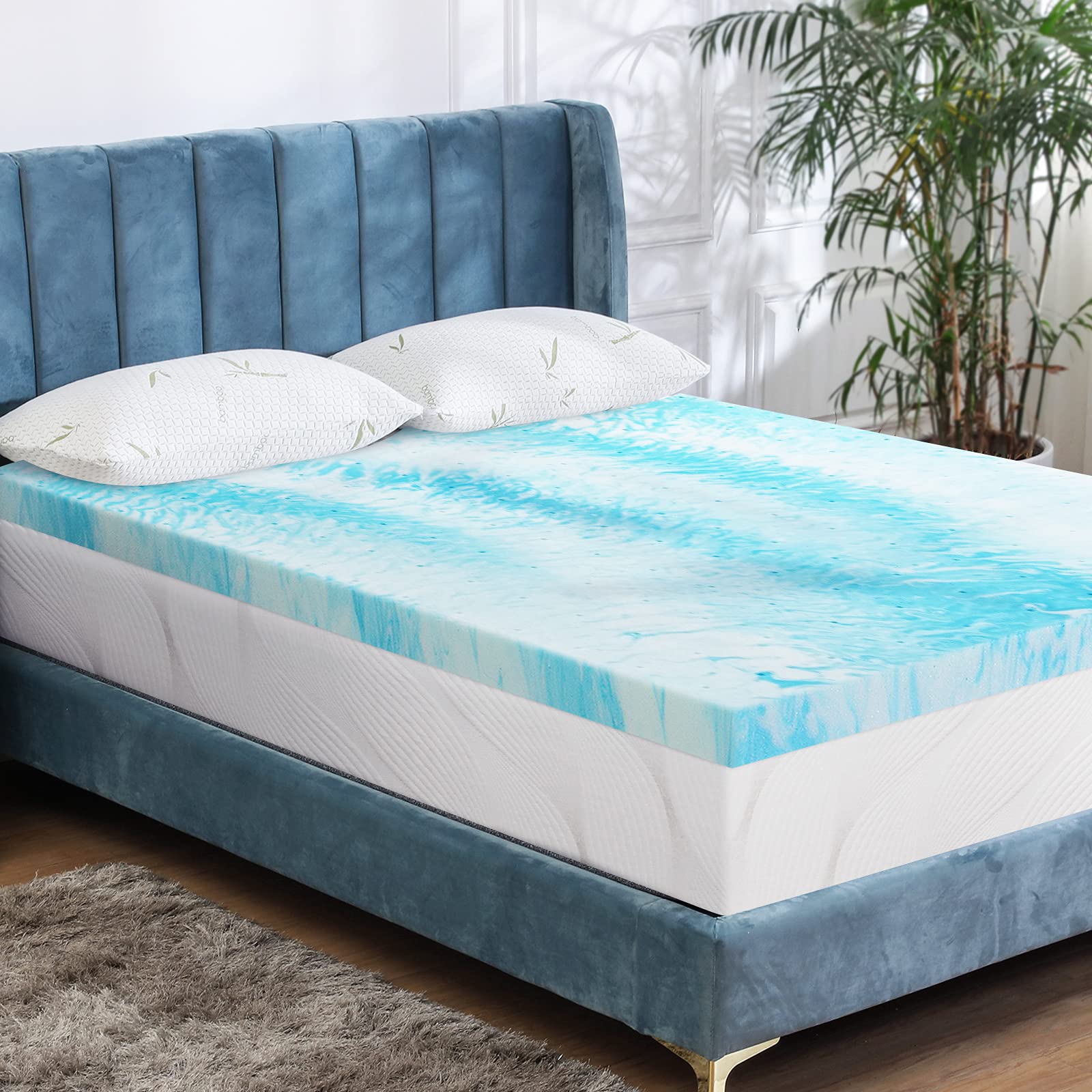 Mattress Topper for Full Bed, Gel Swirl Memory Foam Soft Bed Topper for Back Pain, 3 inch, Light Blue