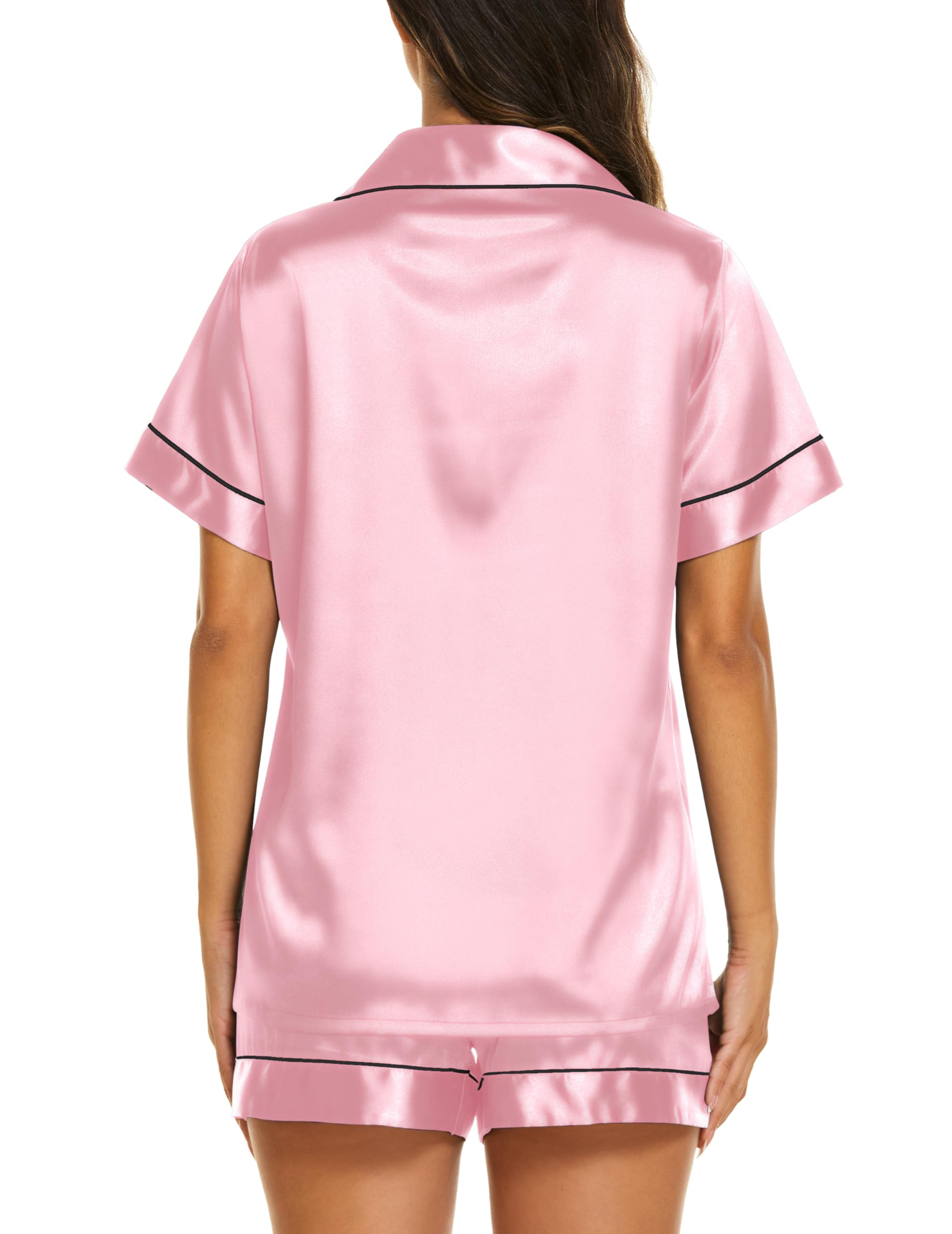 Ekouaer Silk Pajamas for Women Summer Silky Button Up Sleepwear Satin Short Sleeve Loungewear Pjs Shorts Set,Pink,Small