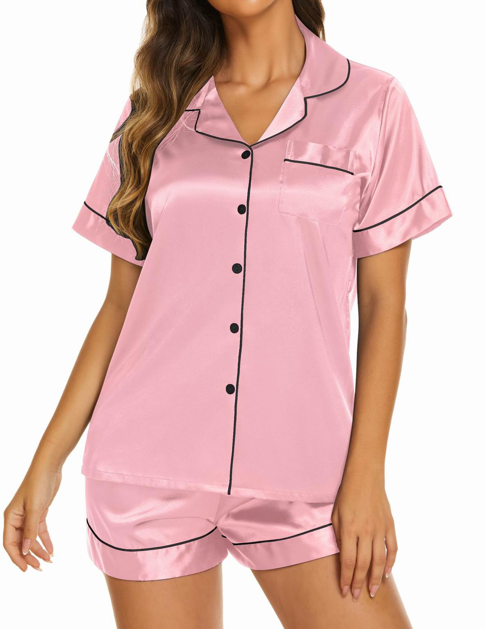 Ekouaer Silk Pajamas for Women Summer Silky Button Up Sleepwear Satin Short Sleeve Loungewear Pjs Shorts Set,Pink,Small