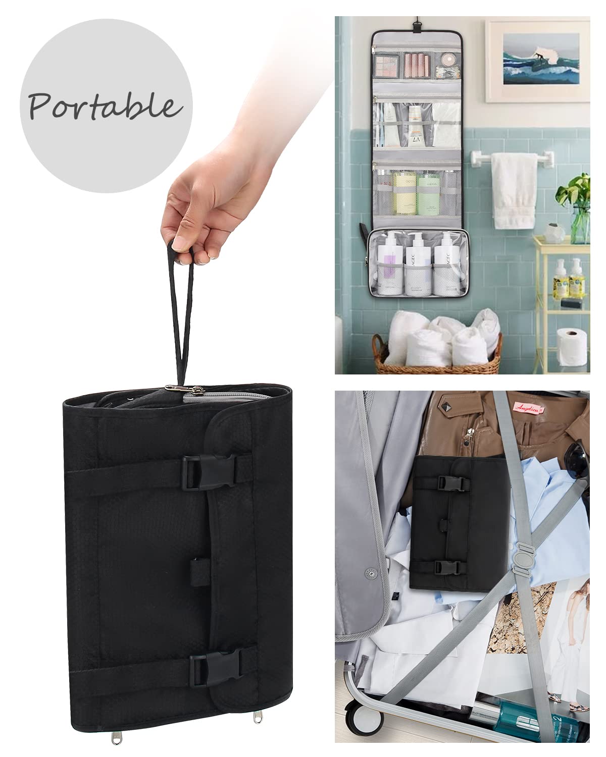 Relavel Travel Toiletry Bag for Men, Hanging Toiletry Bag for Women Makeup Cosmetic Storage Organizer Large Capacity Travel Kit Shaving Bag for Full Sized Container Black