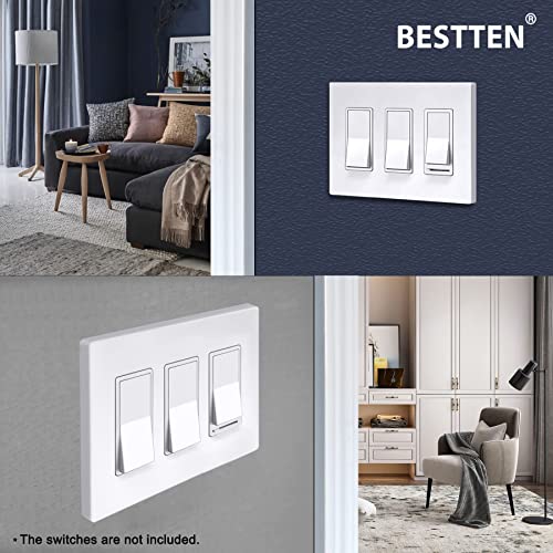 [2 Pack] BESTTEN 3-Gang Screwless Wall Plate, USWP6 Snow White Series, Decorator Outlet Cover, H4.69” x W6.54”, Polycabonate Thermoplastic