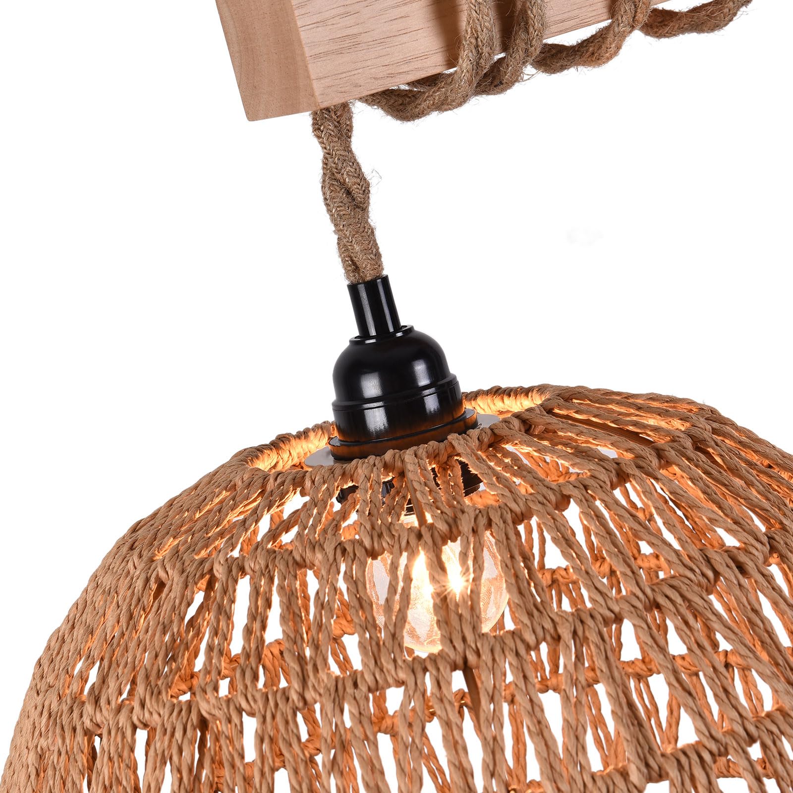Boho Arc Floor Lamp with Remote, Rattan Farmhouse Standing Lamps with Dimmable LED Bulb, Modern Black Tall Lamp with Woven Shade for Living Room Office Bedroom, App Control, Height Adjustable