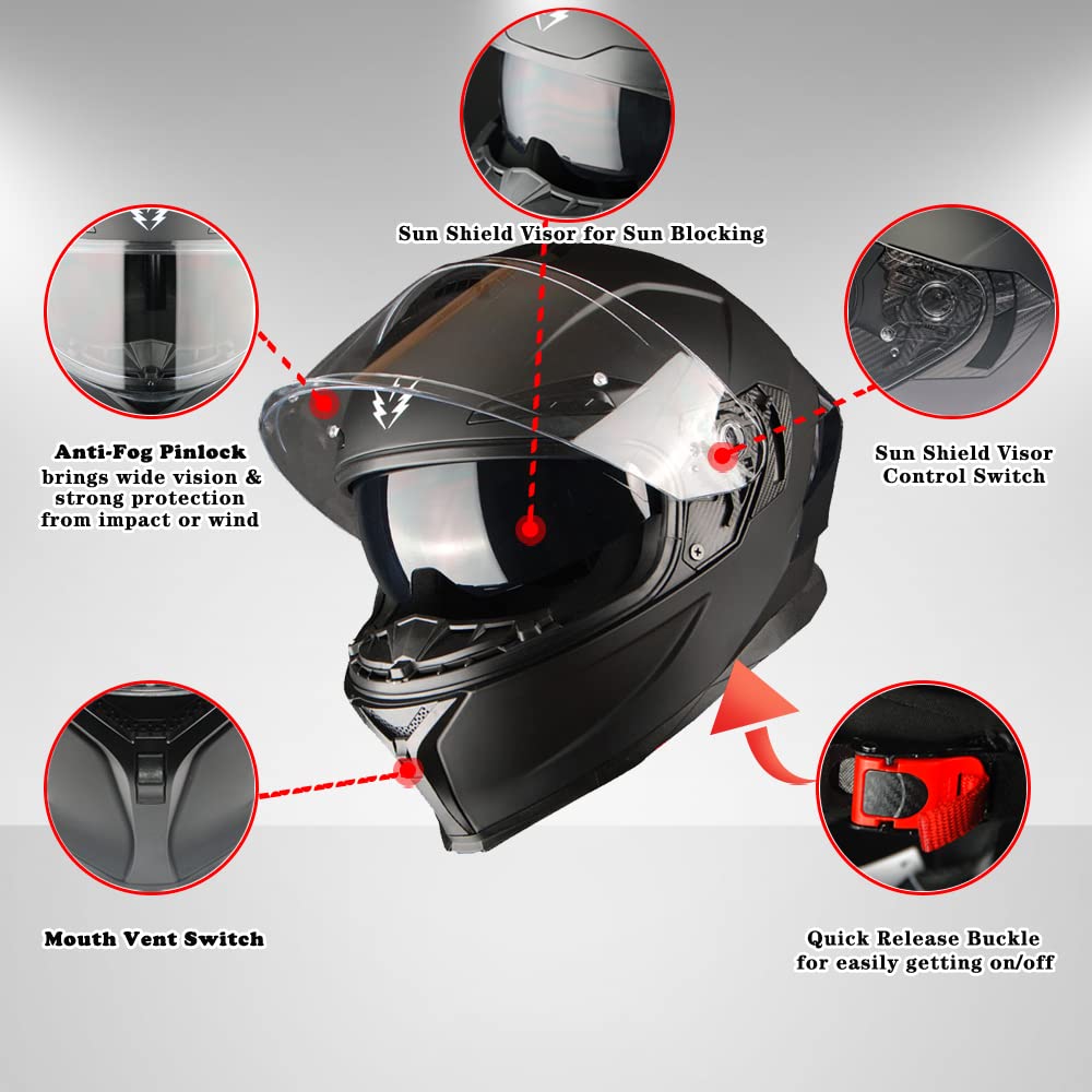 1Storm Motorcycle Full Face Helmet DOT Adults Street Bike Dual Visor Sun Inner Shield Anti Fog Pinlock Ready Shield : Matt Black