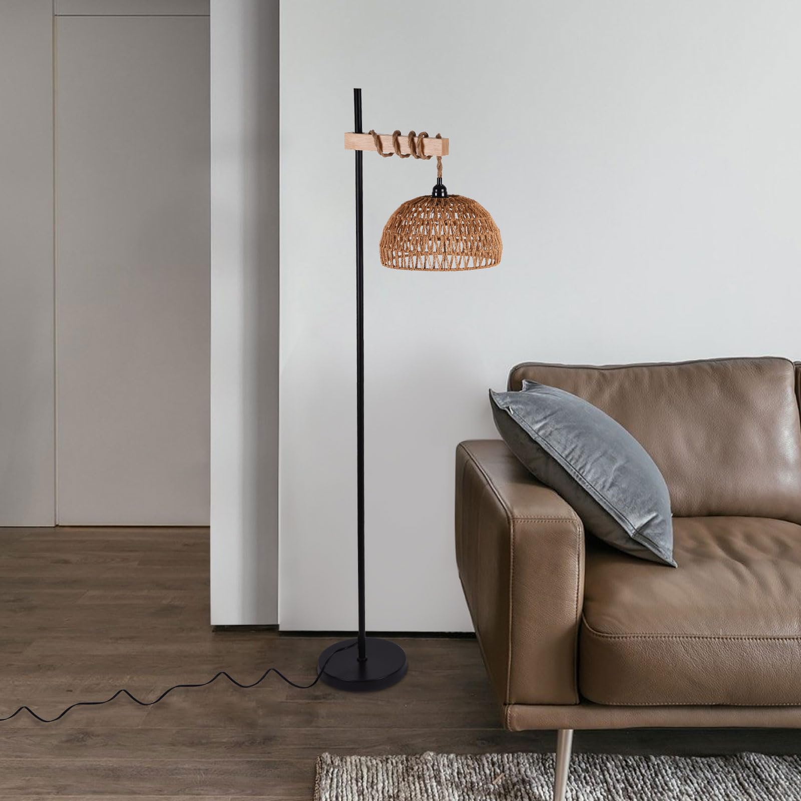 Boho Arc Floor Lamp with Remote, Rattan Farmhouse Standing Lamps with Dimmable LED Bulb, Modern Black Tall Lamp with Woven Shade for Living Room Office Bedroom, App Control, Height Adjustable
