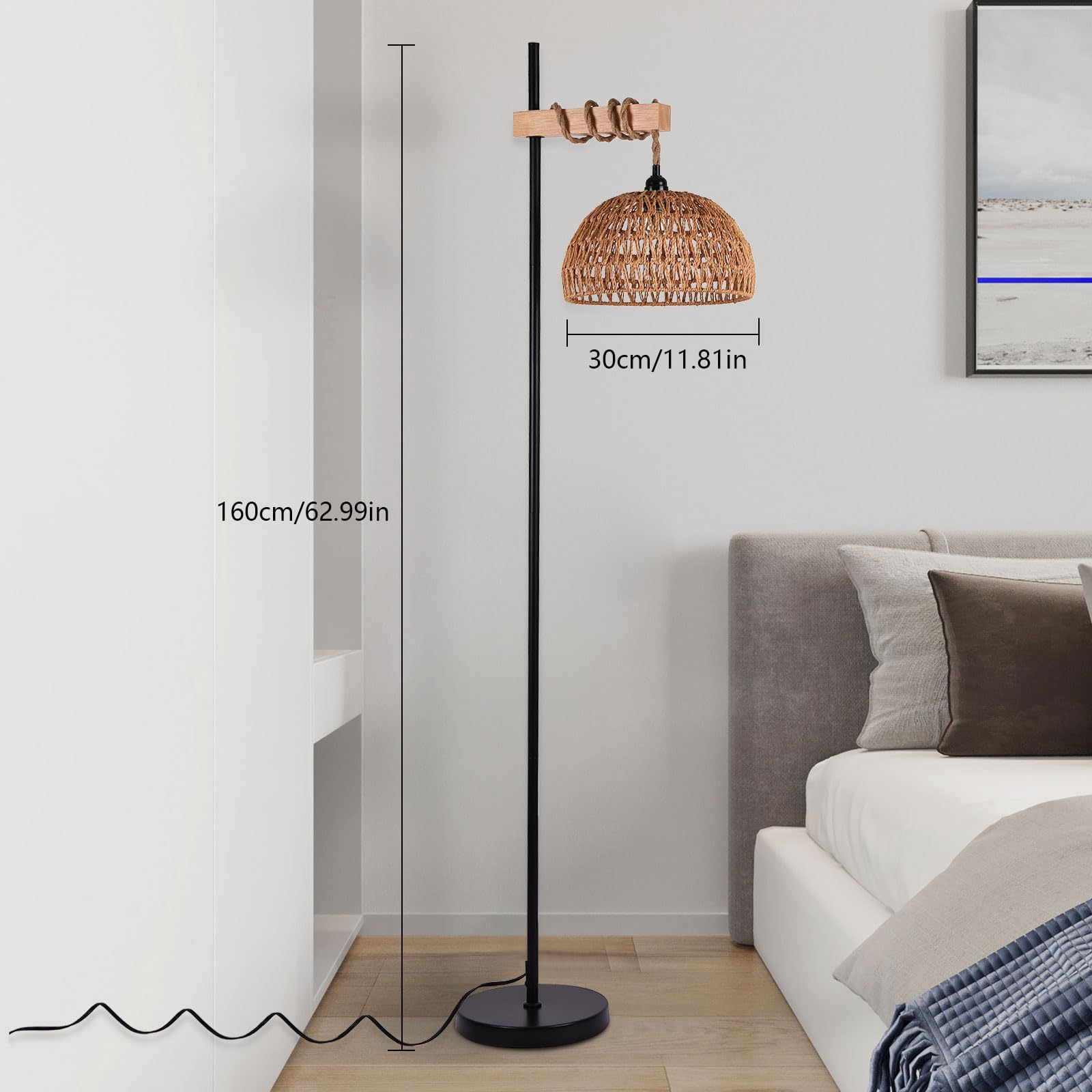 Boho Arc Floor Lamp with Remote, Rattan Farmhouse Standing Lamps with Dimmable LED Bulb, Modern Black Tall Lamp with Woven Shade for Living Room Office Bedroom, App Control, Height Adjustable