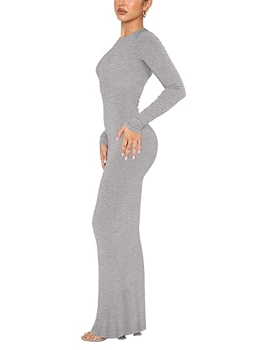 REORIA Women's Fall Sexy Casual Crew Neck Lounge Long Dress Formal Wedding Guest Long Sleeve Ribbed Bodycon Maxi Dresses Light Grey Large