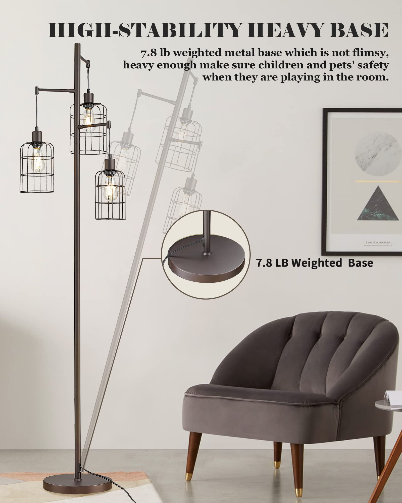 ELYONA Upgraded Industrial Dimmable Floor Lamp & Wood Desk Lamp with Wireless Charging & USB Port, Swing Arm, LED Bedside Table Lamp for Bedroom, Adjustable Reading Task Lights for College Dorm