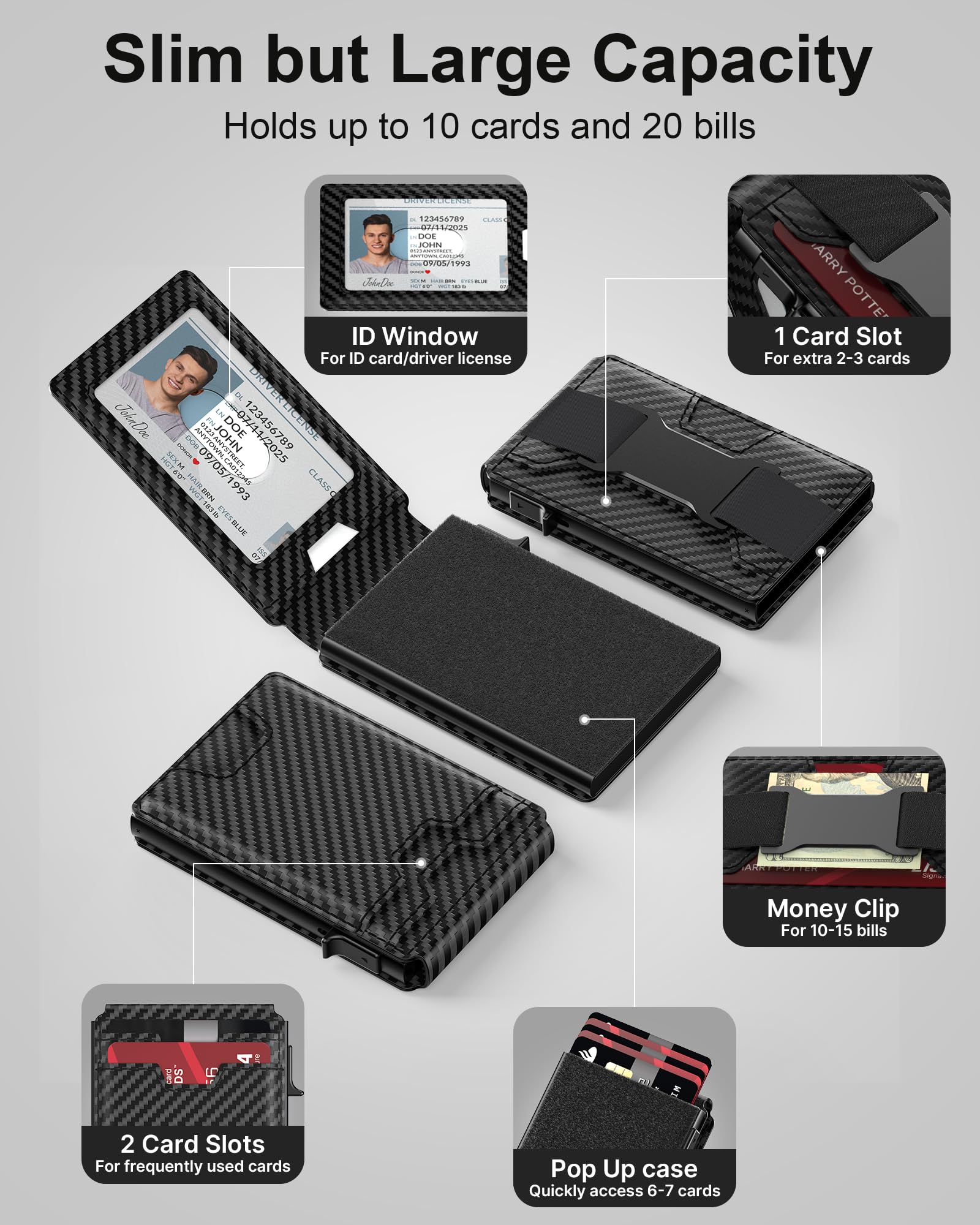 typecase Mens Wallet Card Holder: Pop Up Card Case, Genuine Leather, RFID Blocking, Smart, Slim, Minimalist, Thin - 13 Card Capacitiy, ID Window, Cash Strap (Carbon Fiber)