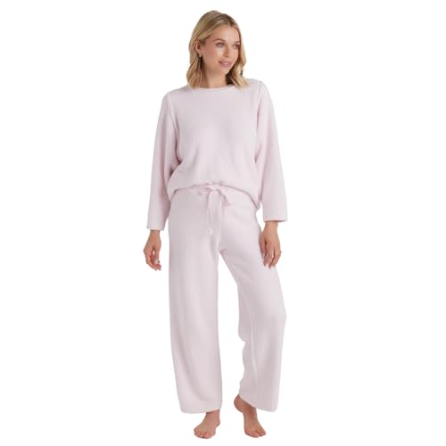 Softies Solid Marshmallow Reverse Seam Crew Neck Lounge Set for Women, 2 Piece Loungewear with Bracelet Sleeves, Made of Cloud Soft Fabric, Blush Pink, Large