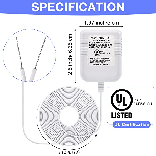 24V Doorbell Power Supply Adapter, 16.4ft C Wire Adapter Video Doorbell Transformer with 50pcs Cable Clips, Certified Doorbell Adapter Compatible with Simplisafe, Nest Doorbell and Smart Thermostats