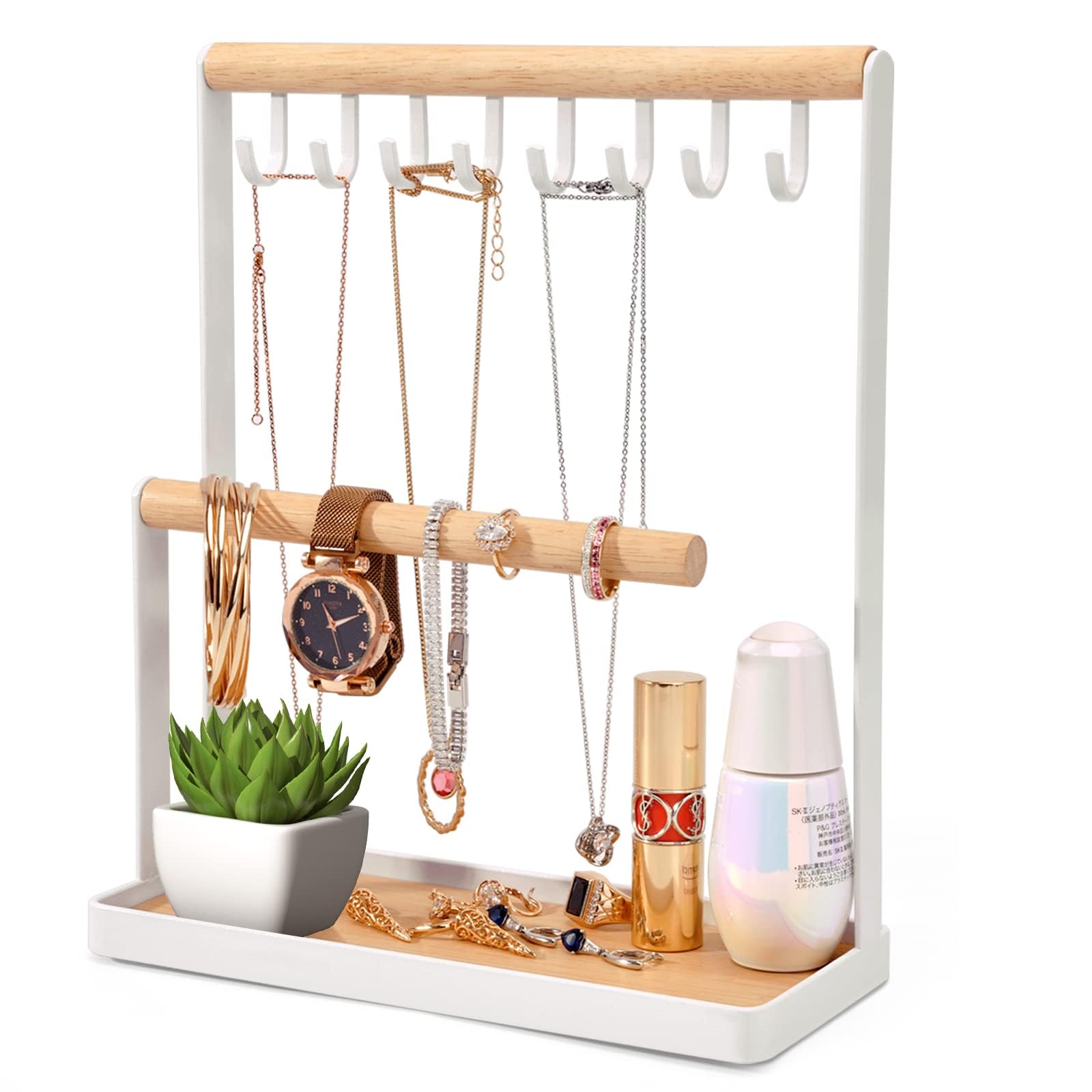 Portin Jewelry Organizer Display Stand Holder with Wooden Ring Tray and Hooks Storage Necklaces Bracelets, Rings, Watches Metal Desk Organizer Stand