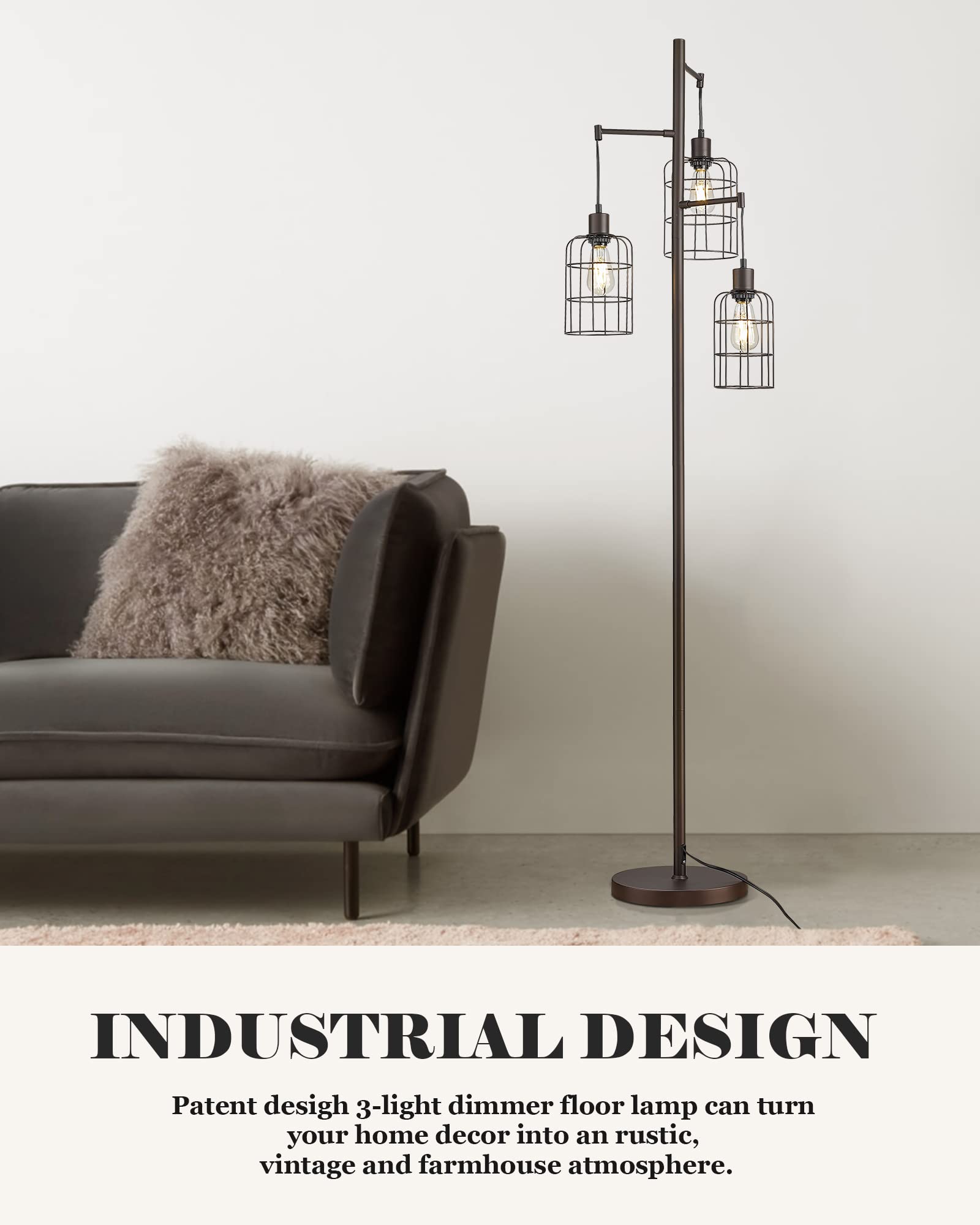 ELYONA Upgraded Industrial Dimmable Floor Lamp & Wood Desk Lamp with Wireless Charging & USB Port, Swing Arm, LED Bedside Table Lamp for Bedroom, Adjustable Reading Task Lights for College Dorm