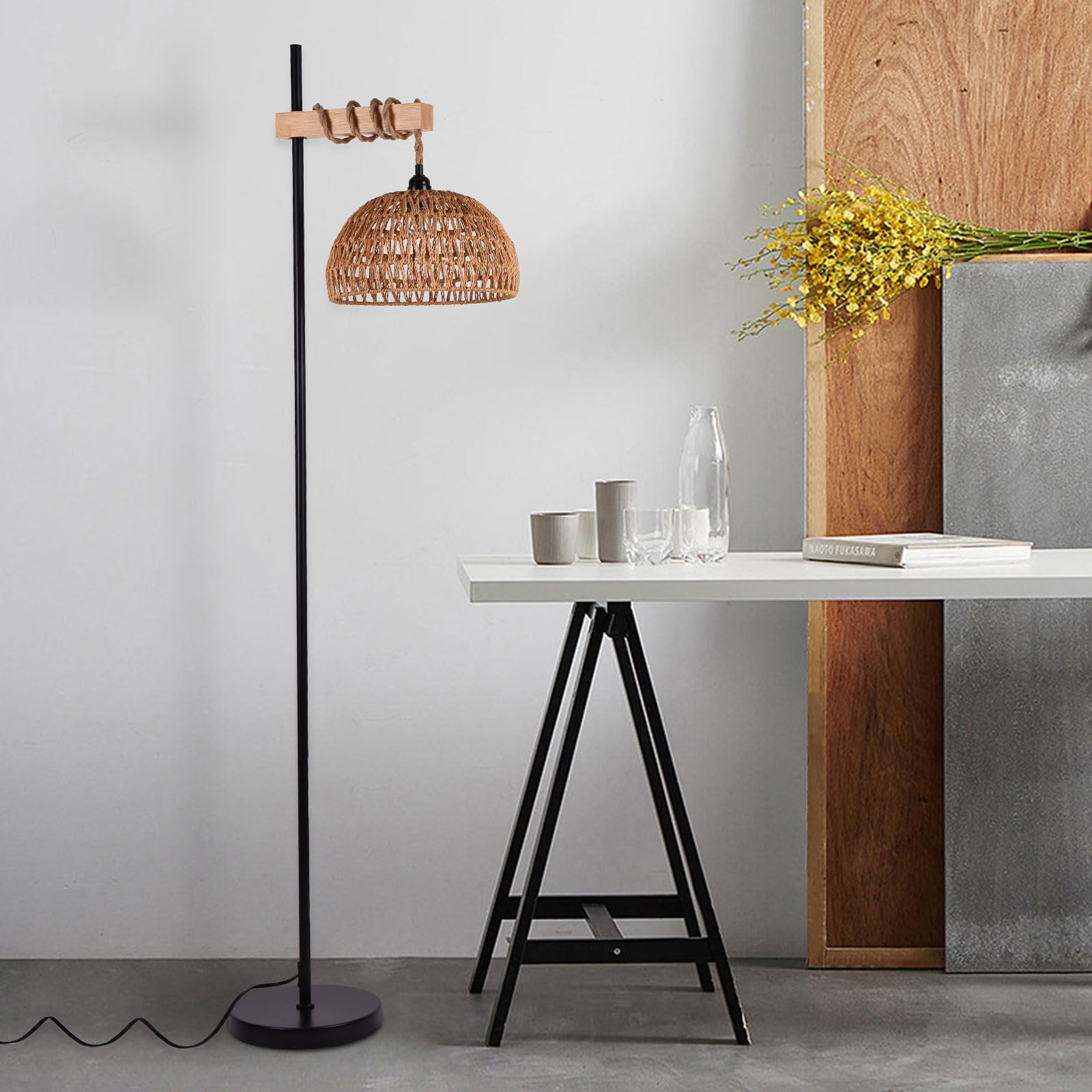Boho Arc Floor Lamp with Remote, Rattan Farmhouse Standing Lamps with Dimmable LED Bulb, Modern Black Tall Lamp with Woven Shade for Living Room Office Bedroom, App Control, Height Adjustable