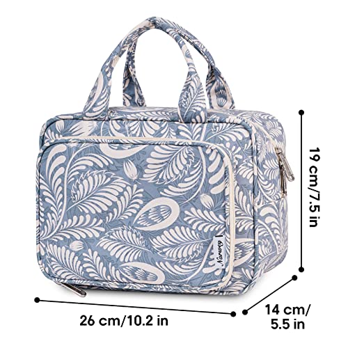 Narwey Full Size Toiletry Bag Women Large Makeup Bag Organizer Travel Cosmetic Bag for Essentials Accessories (Blue Leaf)