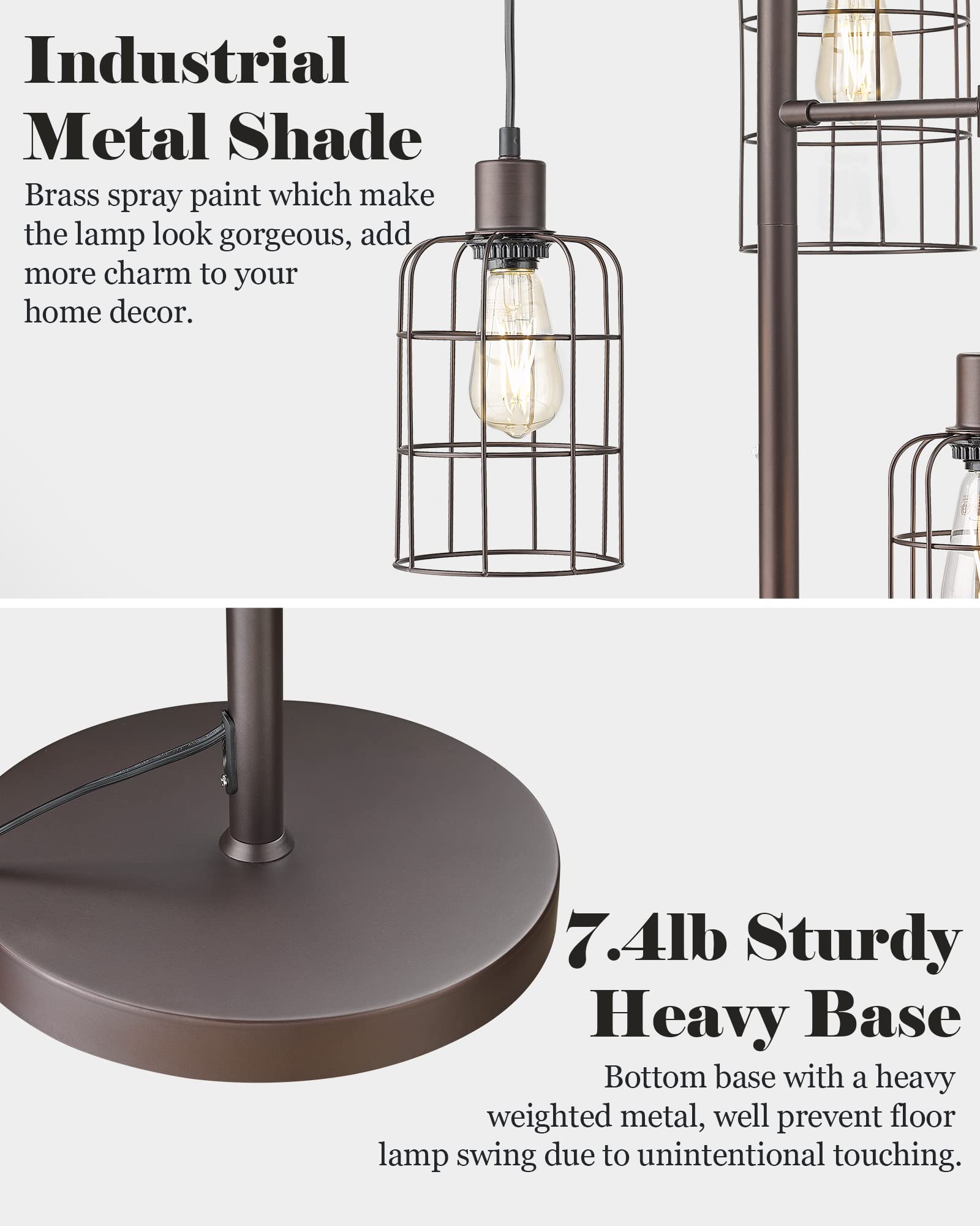ELYONA Upgraded Industrial Dimmable Floor Lamp & Wood Desk Lamp with Wireless Charging & USB Port, Swing Arm, LED Bedside Table Lamp for Bedroom, Adjustable Reading Task Lights for College Dorm